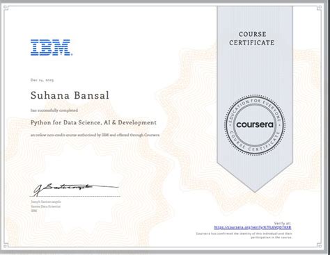 completion certificate for python for data science suhana bansal
