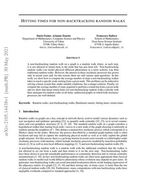 Pdf Hitting Times For Non Backtracking Random Walks