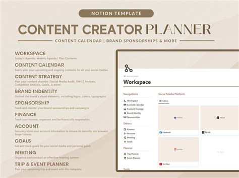 Content Creator Notion Template Social Media Planner Instagram Youtube Tiktok Facebook Planner