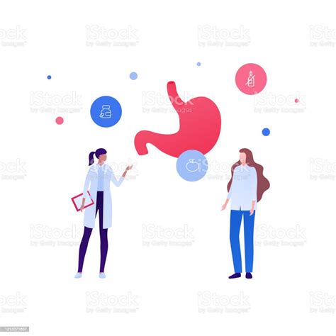 위 검사 및 위트론 개념 벡터 플랫 피플 일러스트레이션 소화 시스템 검진 여성 의사와 환자 약속 다이어트 와 의학 아이콘 기호 건강 관리를 위한 디자인 위식도역류병에 대한