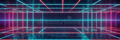 Futuristic Digital Grid With Neon Lights For Background Stock