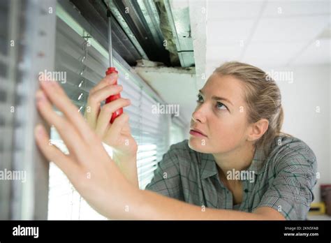 Woman Adjusting Window Blinds With Screwdriver Stock Photo Alamy