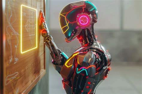 Futuristic Ai Robot Interacting With Neon Smartboard In A Modern Tech Environment The Concept