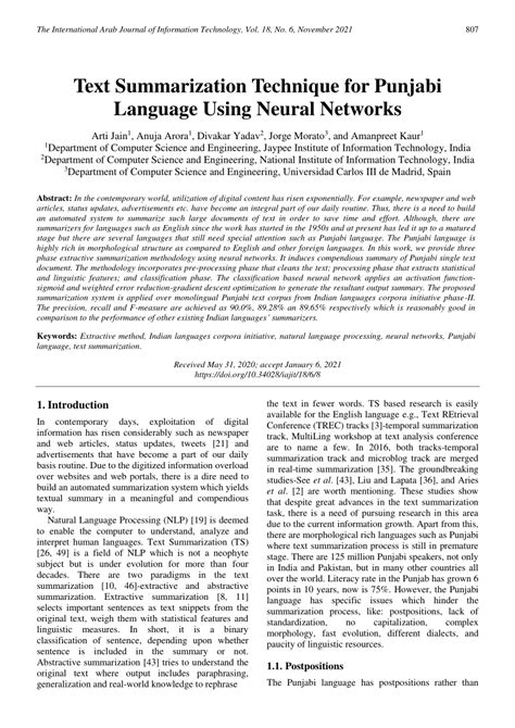 Pdf Text Summarization Technique For Punjabi Language Using Neural