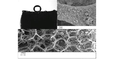 sem image of the modified sponge and a droplet of water on the modified