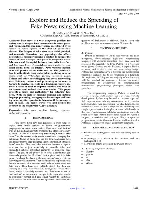 Explore And Reduce The Spreading Of Fake News Using Machine Learning Pdf