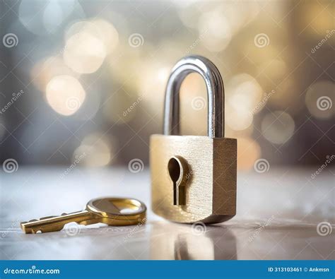Metal Padlock With A Key On Blurred Background Security And Protection Concept Stock