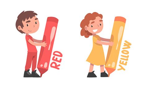 빨간색과 노란색 연필을 들고 귀여운 아이들 큰 크레용 만화 벡터 일러스트 레이 션으로 그리는 행복한 소년 Anf 소녀 개체 그룹에 대한 스톡 벡터 아트 및 기타 이미지
