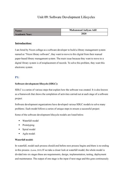 Unit Software Development Life Cycle Unit Software Development Lifecycles Name