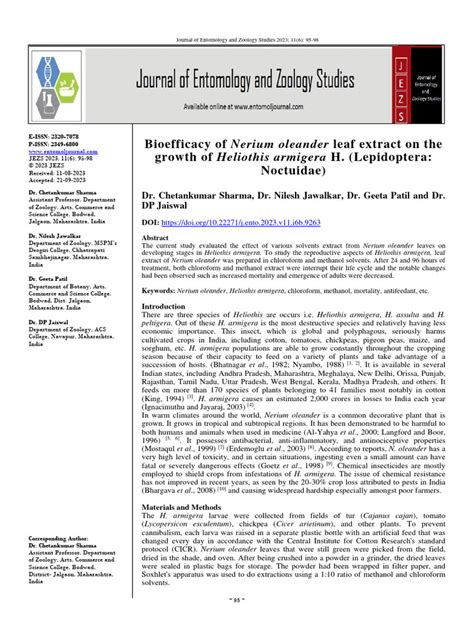 Bioefficacy Of Nerium Oleander Leaf Extract On The Growth Of Heliothis Armigera H Lepidoptera