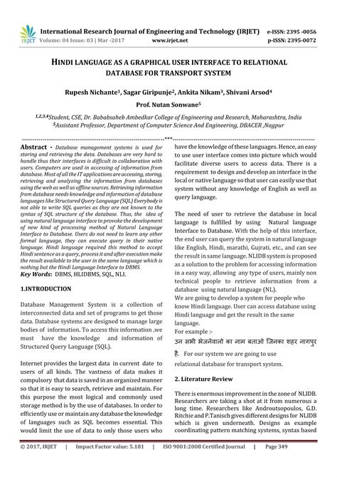 Hindi Language As A Graphical User Interface To Relational Database For