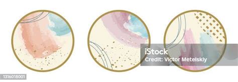 추상적인 수채화와 기하학적 모양으로 설정된 표지 아이콘을 강조 표시합니다 소셜 미디어 이야기 서클 요소 현대적인 그래픽 디자인