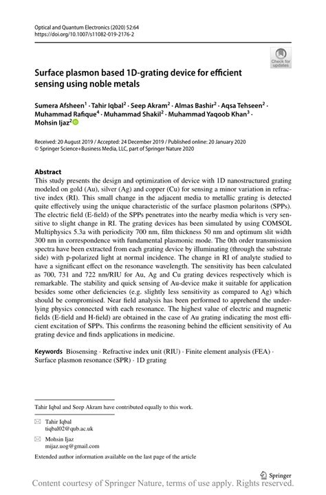 Surface Plasmon Based 1d Grating Device For Efficient Sensing Using