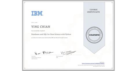 Ying Chian On Linkedin Completion Certificate For Databases And Sql For Data Science With Python