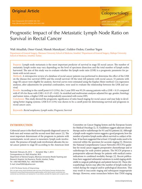 Pdf Prognostic Impact Of The Metastatic Lymph Node Ratio On Survival