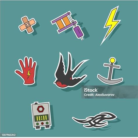 벡터 디자인 아이콘 세트입니다 문신 기계 새 사소한 잉크 스프레이 앵커 코일 바늘 장갑 마취 번개 손 예술가 문신 악기 및 장비 스티커 팩 Tattoo Machine에 대한