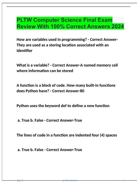 Pltw Computer Science Final Exam Review With 100 Correct Answers 2024