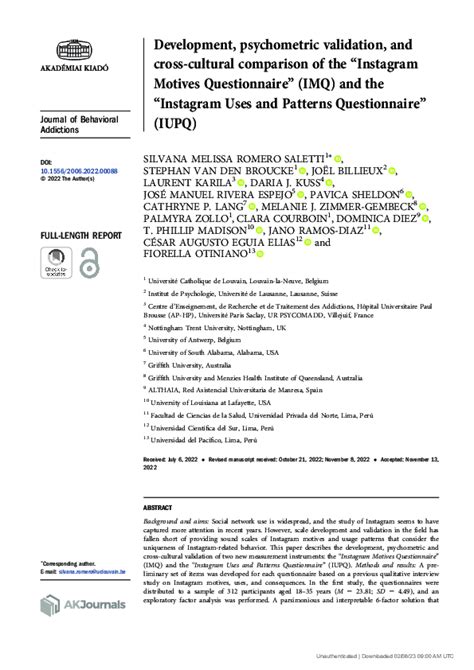 Pdf Development Psychometric Validation And Cross Cultural Comparison Of The Instagram