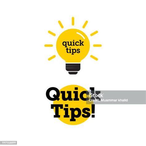 빠른 팁 유용한 트릭 벡터 로고 아이콘 또는 기호 는 웹에 적합한 검은 색과 노란색 색상과 전구 요소세트 엠블럼 및 배너 벡터 세트 격리 0명에 대한 스톡 벡터 아트 및