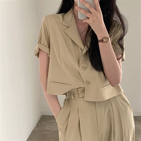 크림치즈마켓 굿퀄리티직장인 추천 클린포인트 크롭 반팔 자켓 밴딩 와이드 슬랙스 투피스 세트 Set