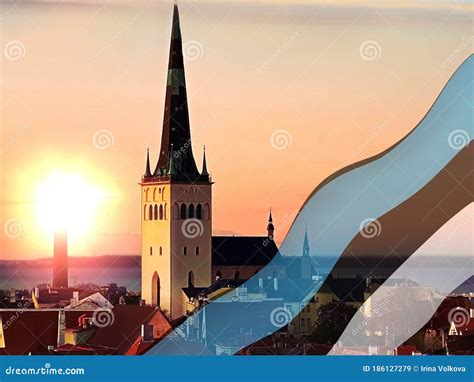 Tallinn Old Town Panoramic Estonian Flag Symbol Blue Black White