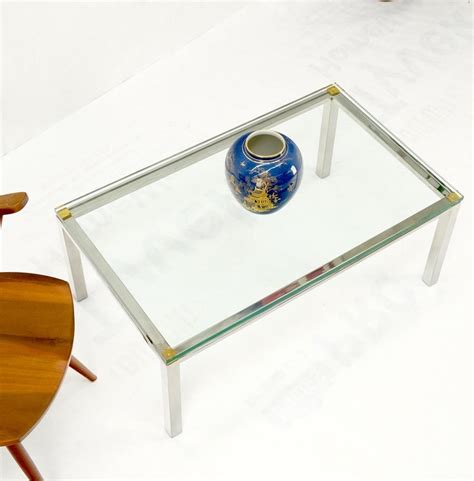 Polished Stainless Steel And Brass Glass Top Rectangle Coffee Table Mid