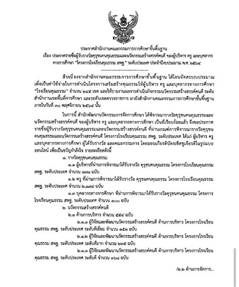 ประกาศรายชื่อผู้รับรางวัลคุรุชนคนคุณธรรมและนวัตกรรมสร้างสรรค์คนดี ของผู้บริหาร ครู และบุคลากร