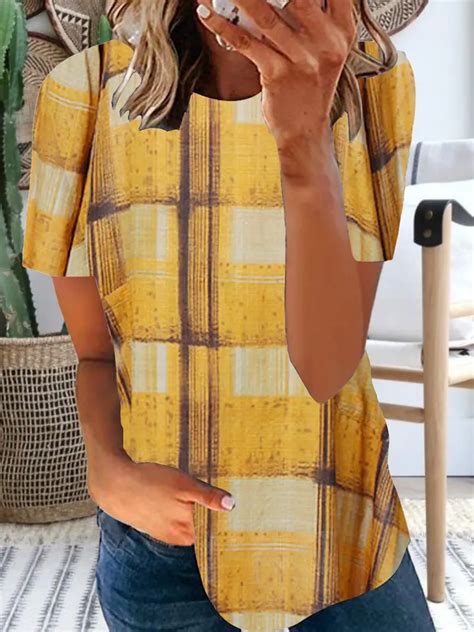 플러스 사이즈 캐주얼 티셔츠 여성용 플러스 컬러 블록 프린트 반소매 라운드 넥 약간의 스트레치 티 Temu Korea