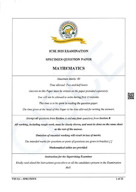 Icse Class 10 Maths Specimen Paper 2025 Pdf