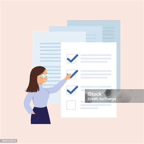 하얀 종이에 젊은 여성과 체크리스트 체크리스트 해야 할 일 설문지 개념 체크리스트 상자를 확인하는 여자 개념에 대한 스톡 벡터 아트 및 기타 이미지 Istock