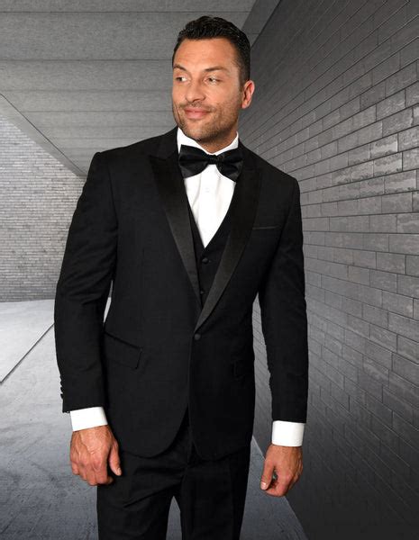 Mens Vested One Button Wool Peak Lapel Tuxedo In Black