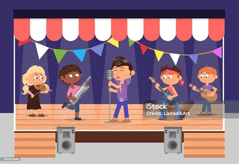 무대에서 뮤지컬 아이 어린이는 음악 어린이 학교 극장을 수행합니다 록 뮤지션 콘서트 귀여운 십대 놀이 악기와 노래 괜찮은 벡터 장면 가수에 대한 스톡 벡터 아트 및 기타