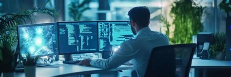 A Programmer Is Working Late Into The Night Hunched Over His Computer