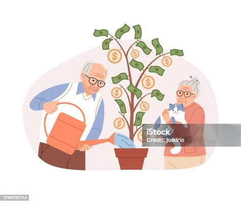 노인 부부는 화분에 물을 돈 나무 동전 달러 연금기금 저축계획 개념 노인 은퇴 계획 고양이와 행복한 연금 노인 캐릭터 만화 벡터 일러스트레이션 은퇴에 대한 스톡 벡터 아트