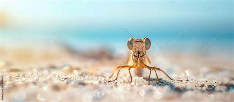 A Detailed View Of A Grasshopper Perched On The Sandy Beach With Its