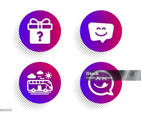 버스 여행 비밀 선물 및 스마일 얼굴 아이콘 세트 맛있는 미소 기호입니다 전송 알 수없는 패키지 채팅 이모티콘 벡터 기포에 대한 스톡 벡터 아트 및 기타 이미지 Istock