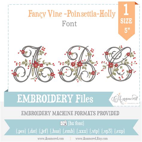 5″ Fancy Christmas Poinsettia And Holly Vine Monogram Embroidery Font