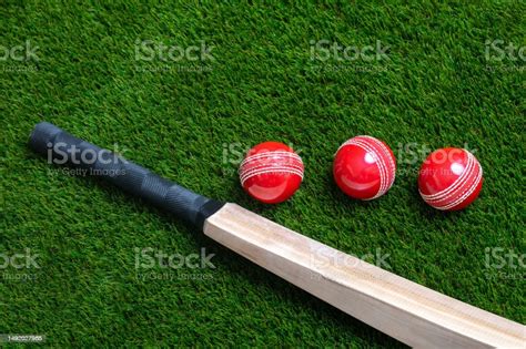 크리켓 방망이와 푸른 잔디 배경에 빨간 공 수평 스포츠 테마 포스터 인사말 카드 헤더 웹 사이트 및 앱 Championship에 대한 스톡 사진 및 기타 이미지 Istock