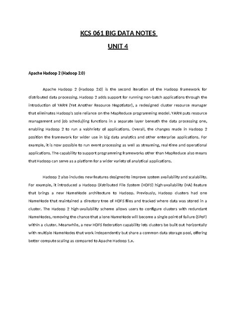 Kcs 061 Big Data Notes Unit 4 Kcs 061 Big Data Notes Unit 4 Apache Hadoop 2 Hadoop 2 Apache