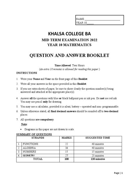Y10 Maths Mid Year New 2022 Pdf