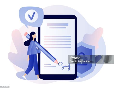 전자 계약 또는 디지털 서명 개념 현대 평면 만화 스타일입니다 벡터 일러스트레이션 학습에 대한 스톡 벡터 아트 및 기타 이미지