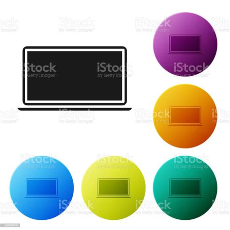 흰색 배경에 격리 된 검은 색 노트북 아이콘입니다 빈 화면 기호가 있는 컴퓨터 전자 필기장 아이콘 다채로운 원 버튼을 설정합니다 벡터 일러스트레이션 0명에 대한 스톡 벡터