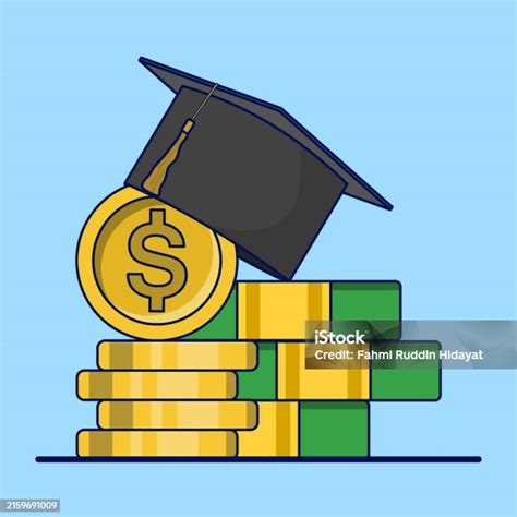 교육비 수업료 또는 장학금 교육비 할당 대학 또는 졸업 자금 대학 졸업장 졸업 모자가 있는 달러 동전 및 각모 증명서의 개념 통화에 대한 스톡 벡터 아트 및 기타 이미지