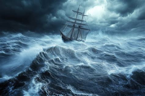 Old Sailing Ship Braving A Stormy Sea With Dramatic Waves And Dark
