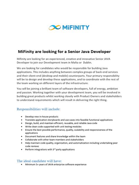 Mifinity Senior Java Developer Pdf Databases Java Programming Language