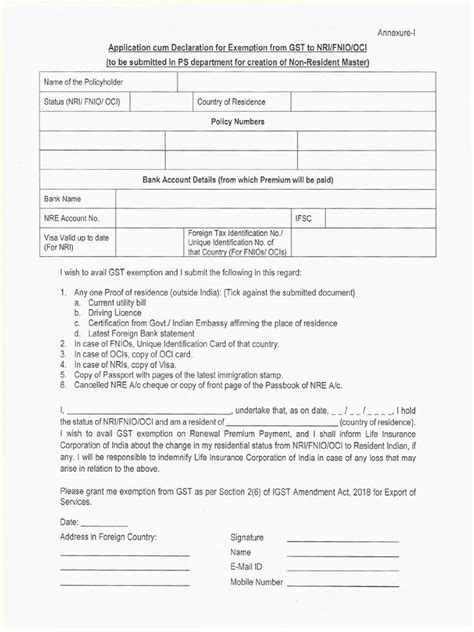 Annexure I Application Cum Declaration For Exemption From Gst To Nri