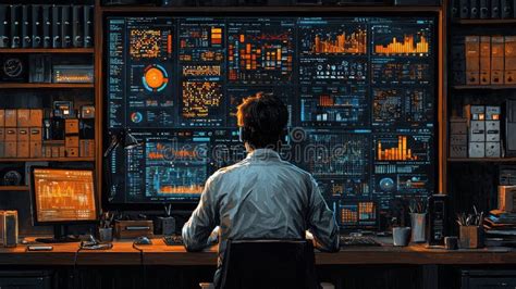 Data Scientist Working With Analytics Dashboards In Modern Technology Office Stock Illustration