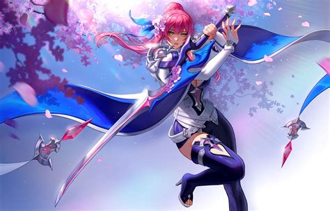 배경 화면 Slouch Pen 그림 여자들 핑크 머리카락 검 전사 벚꽃 머리카락에 꽃 애니메이션 소녀들 갑옷 무기 뷰어를보고 꽃잎 햇빛 포니
