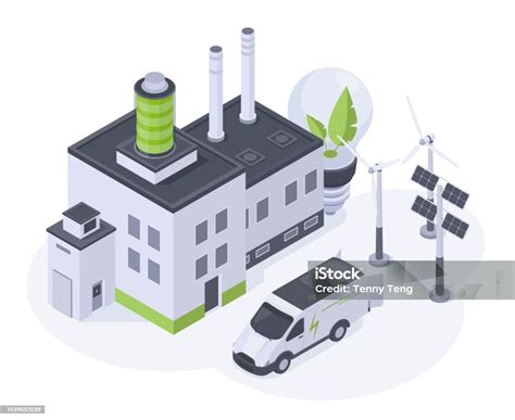 바람과 태양 에너지를 가진 아이소메트릭 대체 에너지 공장 재생 에너지 플랜트 건물 태양 전지 패널 에코 발전소 3d 벡터 그림 그린 에너지 공장 개념 3차원 형태에 대한