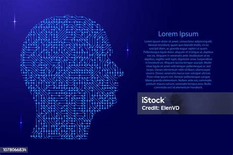 배너 포스터 인사말 카드에 대 한 윤곽선에 블루 스타 공간 측면 인쇄 된 보드 칩 및 라디오 구성에 남자 머리의 실루엣 컴퓨터 전자 제품 프로세서 마더보드입니다 벡터